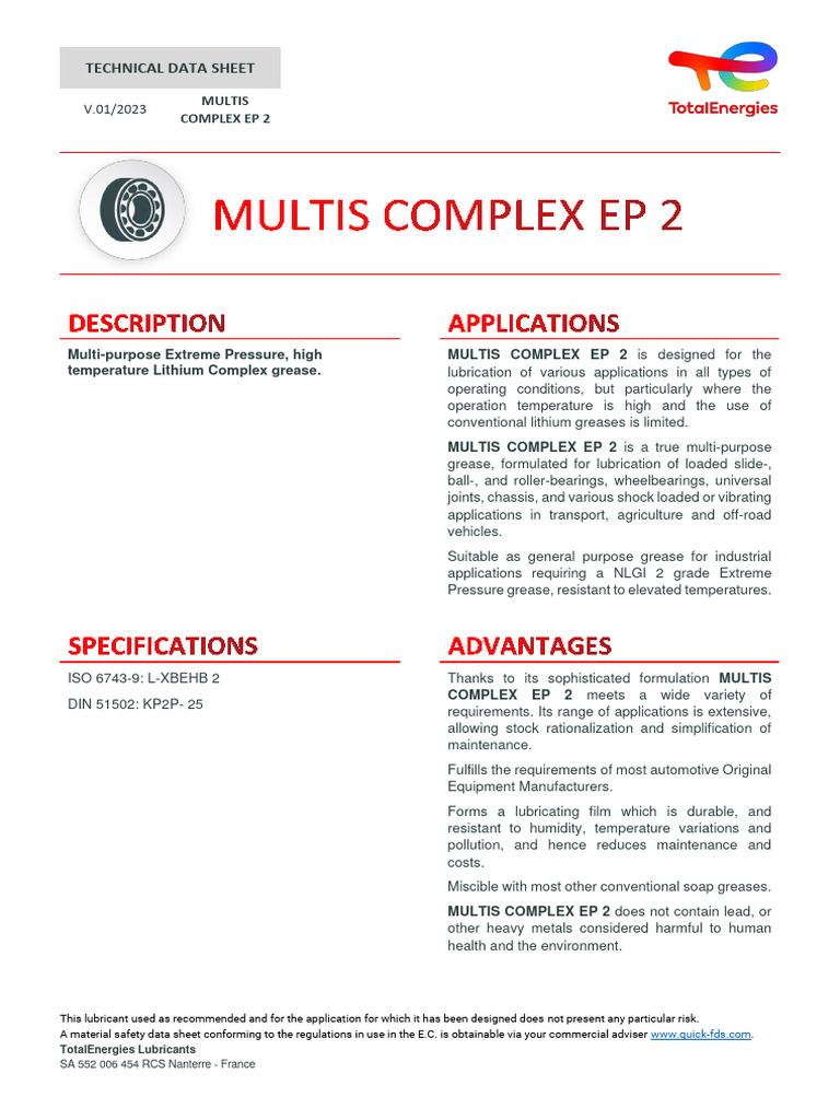 TDS - TOTALEnergies - MULTIS COMPLEX EP 2 - B44 - 202307 - EN | PDF | Lubricant