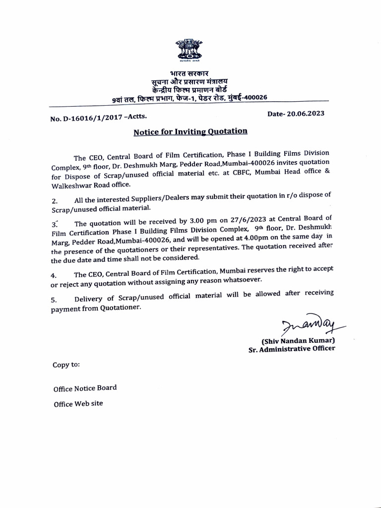 Tender - Notice - Central Government - Eng | PDF