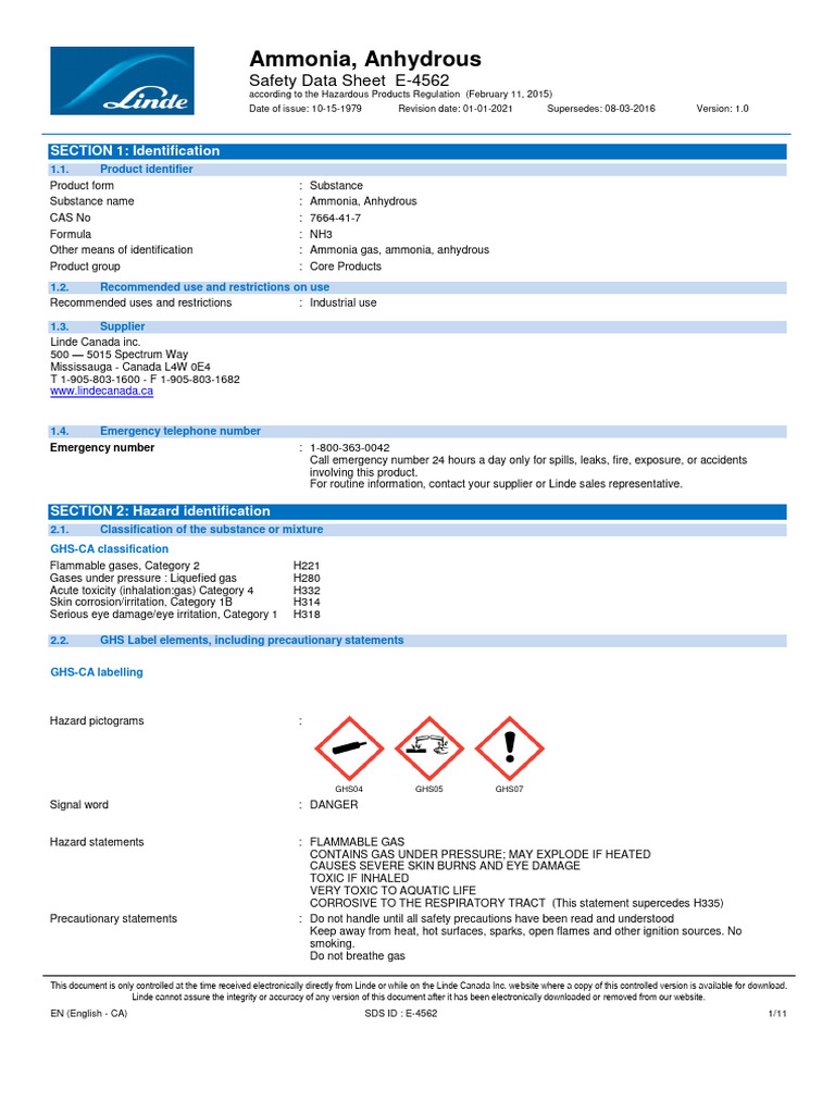 E 4562 Ammonia Anhydrous Safety Data Sheet Sds | PDF | Toxicity ...