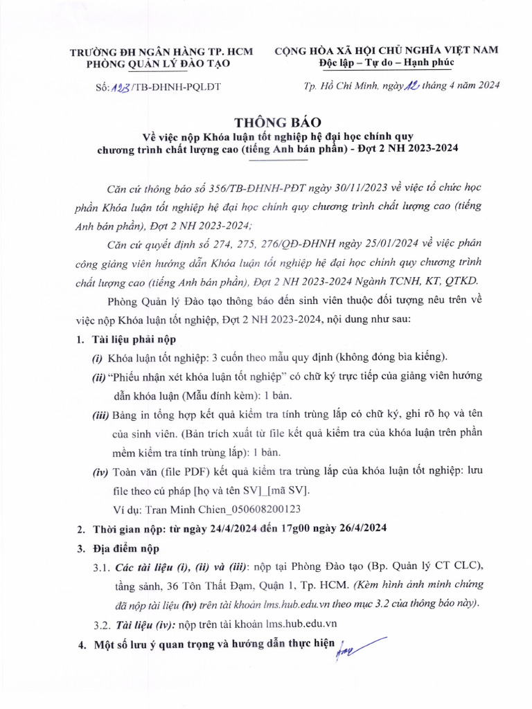 TB Nop KLTN Dot 2 NH 2023-2024 He CLC | PDF