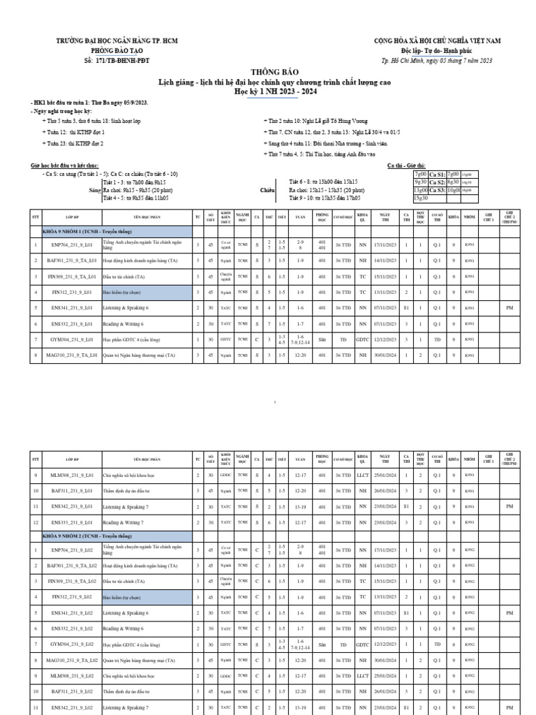 LICH GIANG LICH THI HK1 NH 2023-2024 He DHCQ CT CLC | PDF