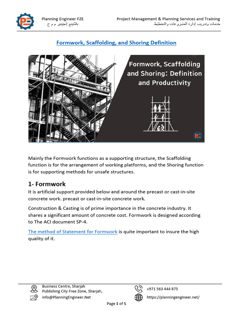 Formwork, Scaffolding and Shoring Definition and Productivity | PDF | Scaffolding | Concrete