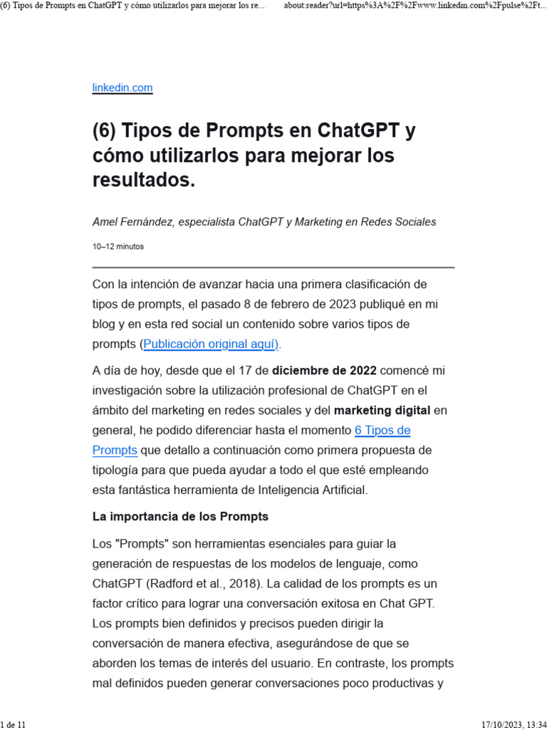 Tipos de Prompts en ChatGPT y Cómo Utilizarlos para Mejorar Los Resultados. LinkedIn | PDF ...