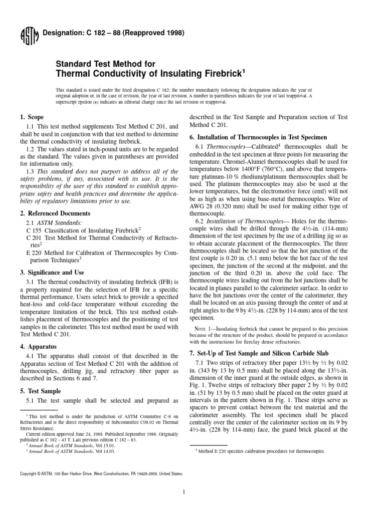 ASTM C 182-88 Thermal Conductivity For Insulating Firebrick | PDF ...