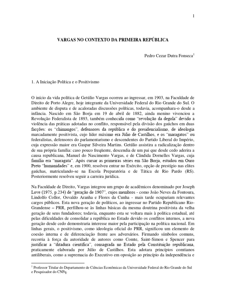 Getúlio Vargas: Início Político e Positivismo | PDF | Economia | Estado