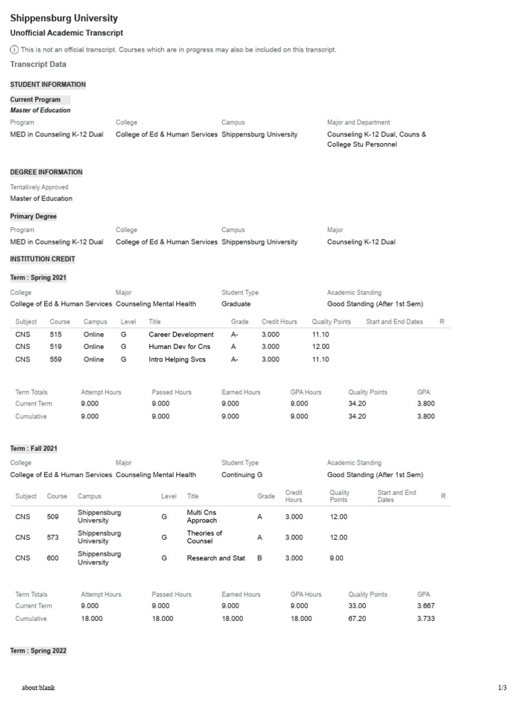 Unofficial Transcript | PDF | Students | Academia