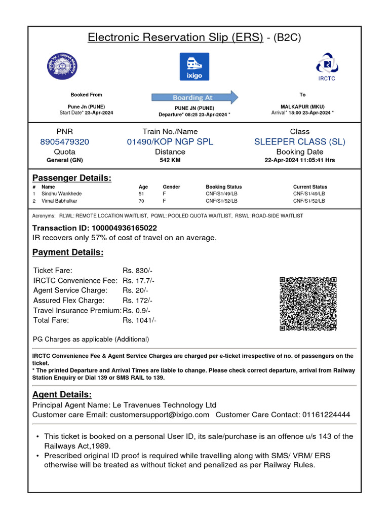 Electronic Reservation Slip (ERS) : 8905479320 01490/KOP NGP SPL ...