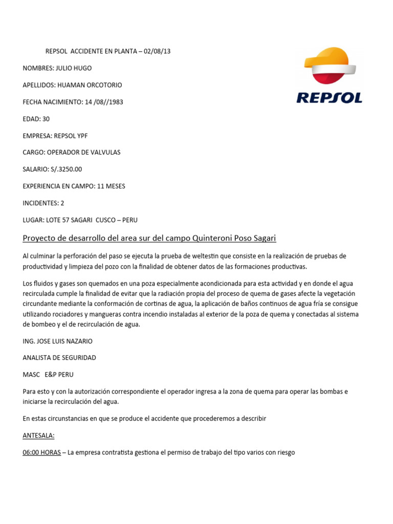 Repsol Accidente en Planta | PDF | Bomba | Agua