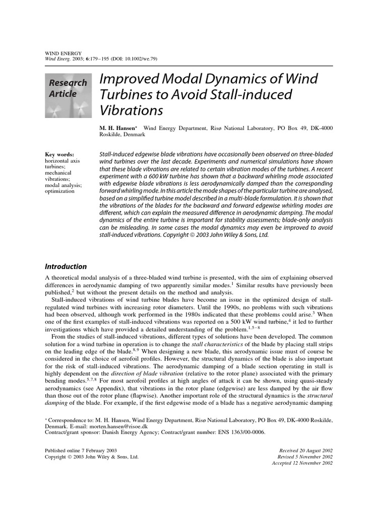412 Improved Modal Dynamics of Wind Turbines to Avoid Stall induced Vibrations (2003) HANSEN ...