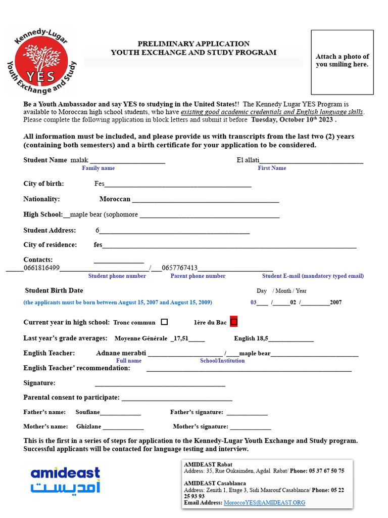 YES Program Application for Moroccan Students | PDF