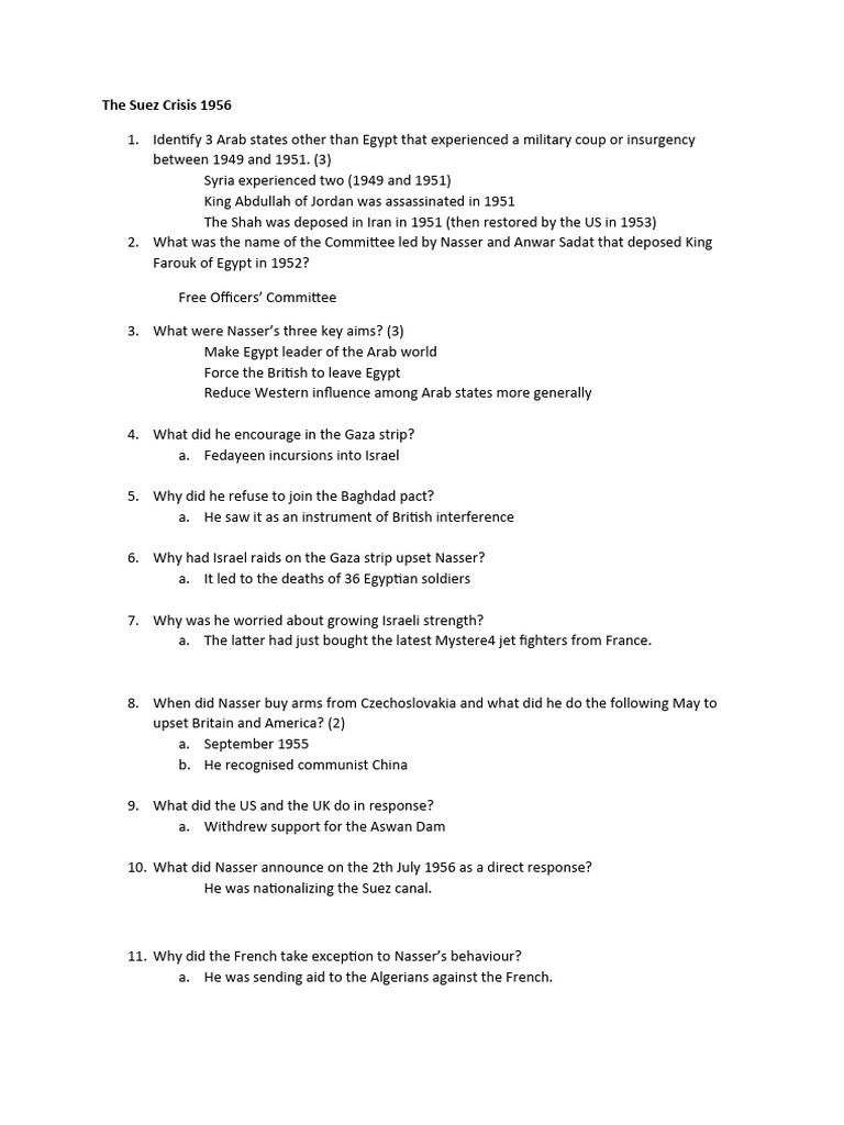 The Suez Crisis 1956 With Answers | PDF | Suez Crisis | Gamal Abdel Nasser