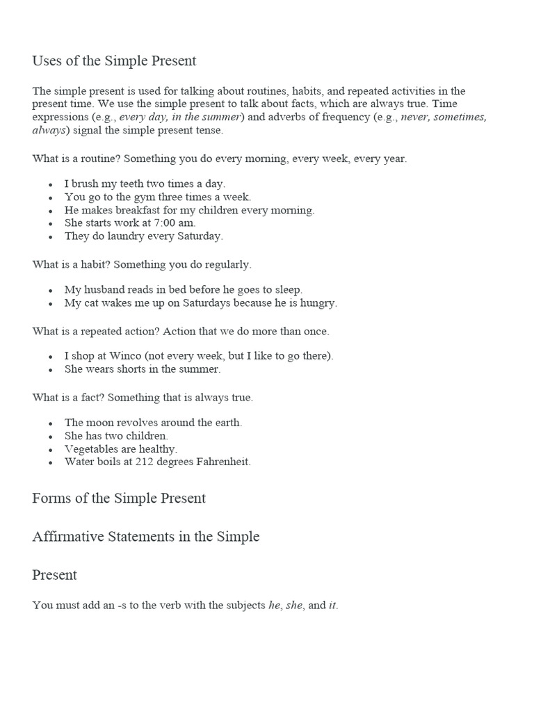Uses of The Simple Present | PDF | Subject (Grammar) | Verb