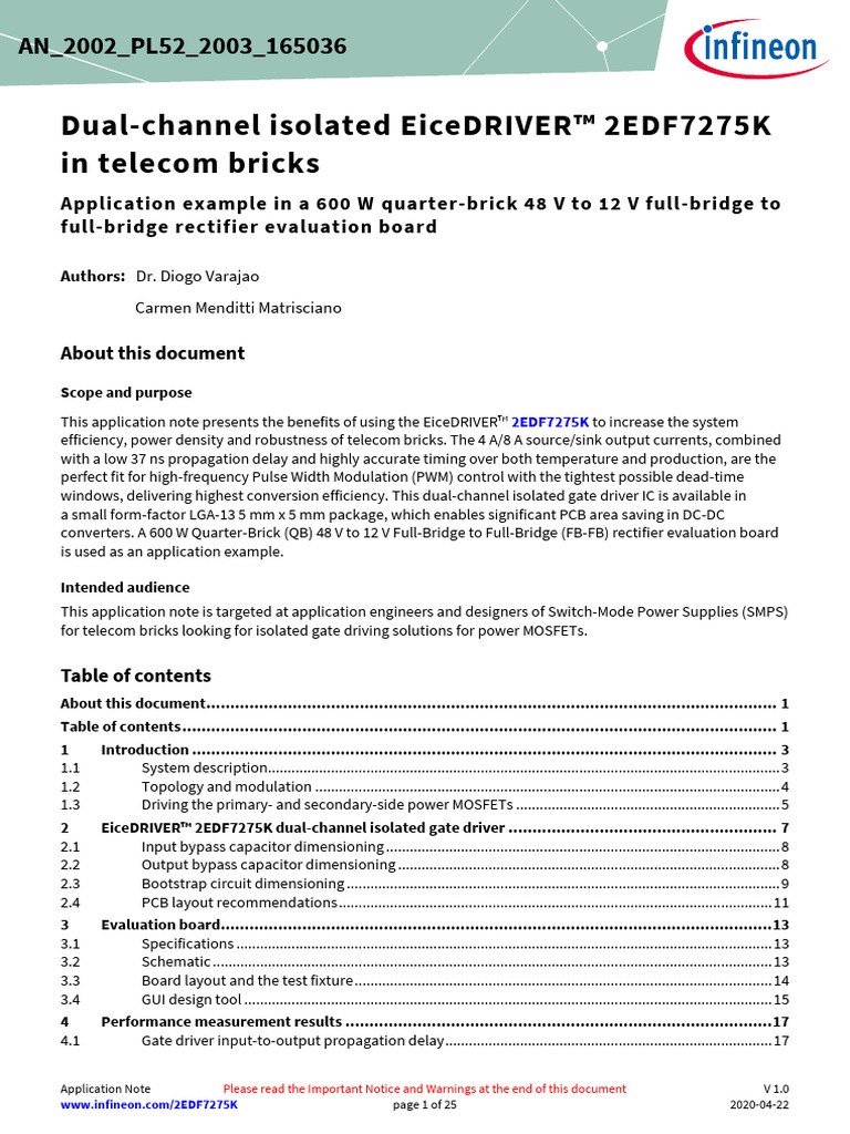 Infineon Gatedriveric Eicedriver 2edi 2edf7275k In Telecom Bricks Applicationnotes V01 00 En