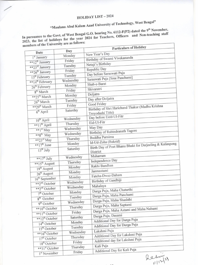 Holiday List 2024 | PDF