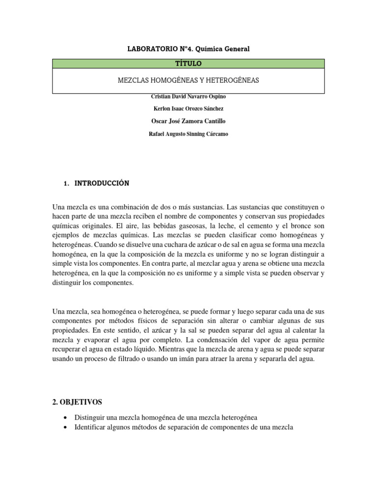 Laboratorio No. 4 Mezclas Homogeneas y Heterogeneas | Descargar gratis PDF | Mezcla | Agua
