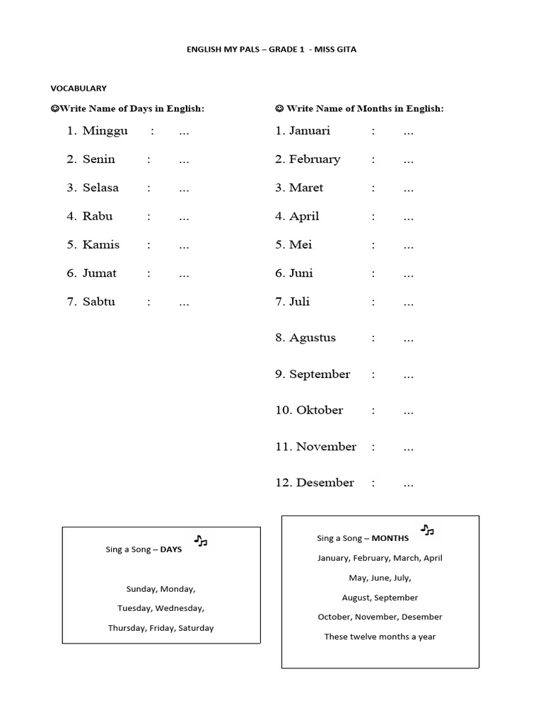 ENGLISH MY PALS 1 Days & Months | PDF | Foreign Language Studies