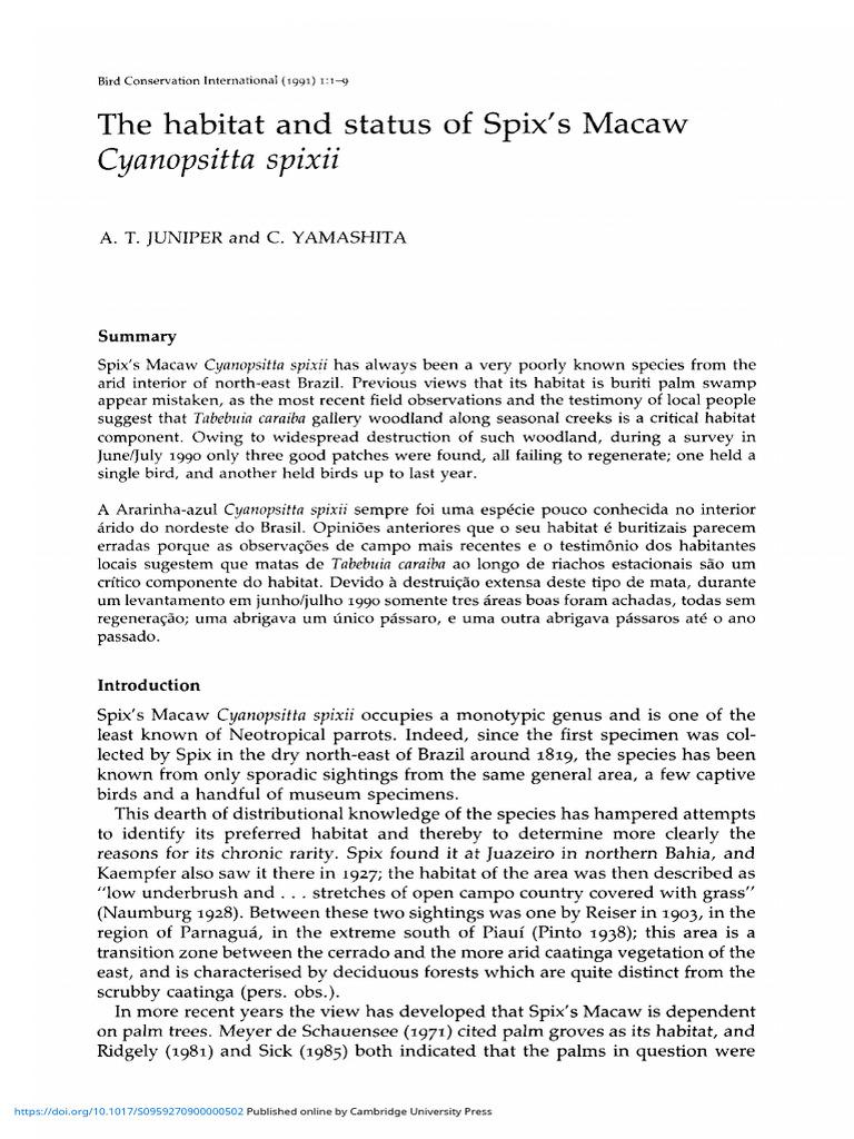 The Habitat and Status of Spixs Macaw Cyanopsitta Spixii | PDF | Parrot