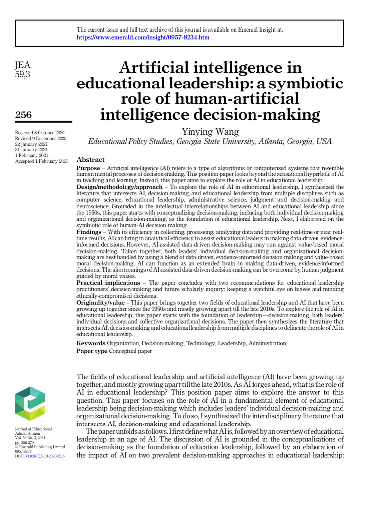 Artificial intelligence in educational leadership a symbiotic role of human-artificial ...