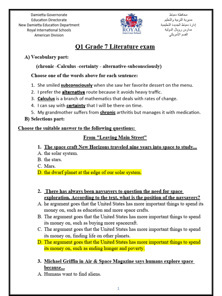 G7 Lit Exam 1 AK | PDF | Sky | Poetry