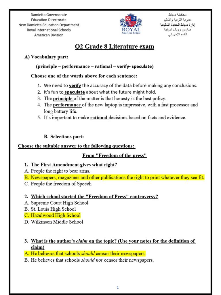 Grade 8 Literature Exam Vocabulary & Questions | PDF | Soft Drink