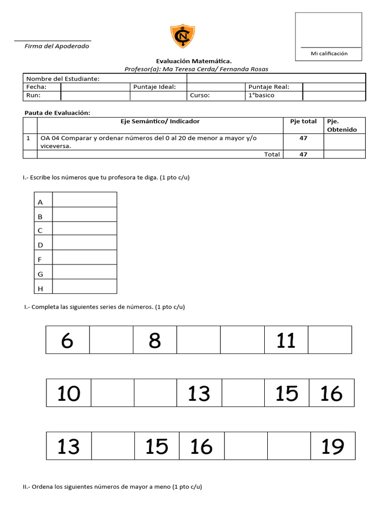 Evaluación Matemática 1° Básico | PDF