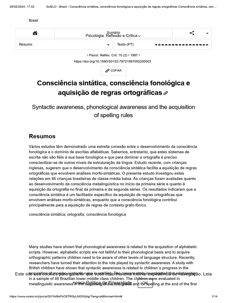 Consciência Sintática, Consciência Fonológica e Aquisição de Regras ...