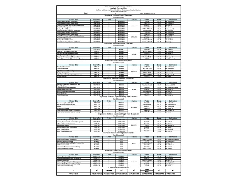 1st Year 1st Semester Class Schedule for PG Regular Program | Download ...