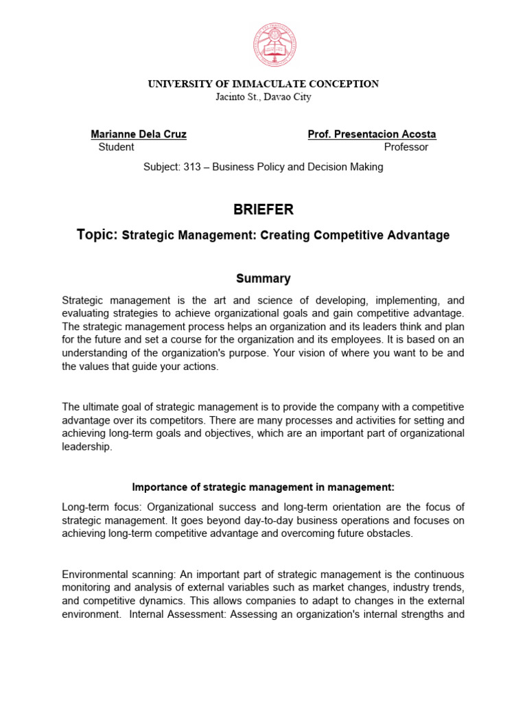 Briefer-Chapter 1_Strategic Management Creating Competitive Advantage | PDF | Strategic ...