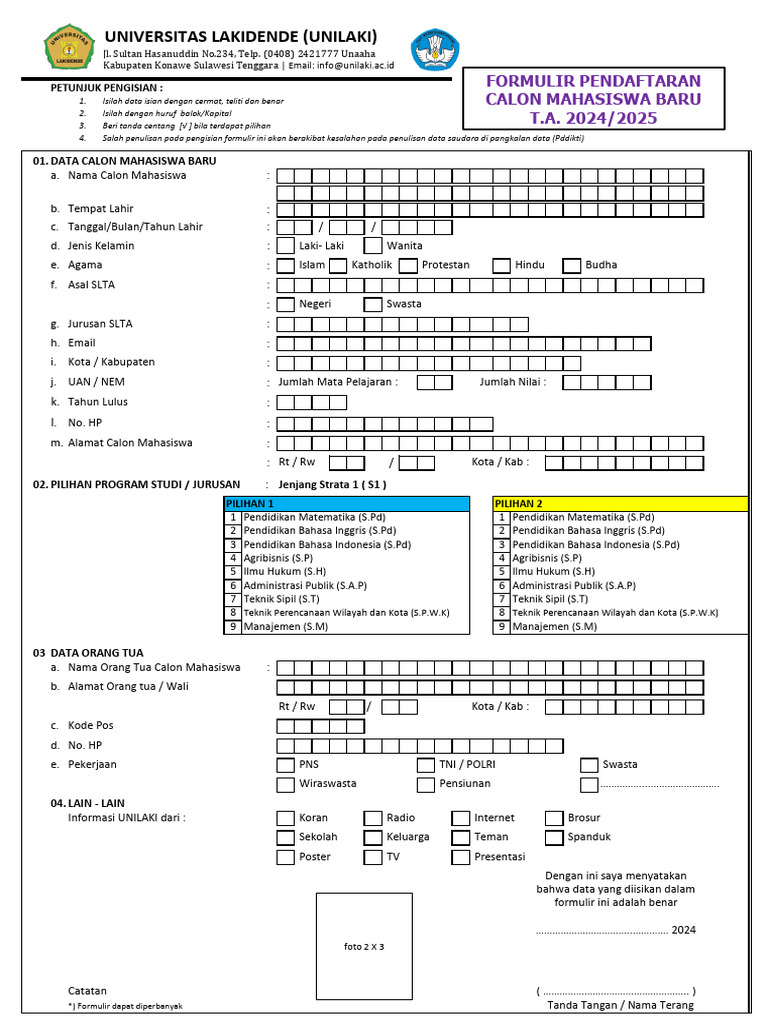 Formulir Pendaftaran Calon Maba 2024 | PDF