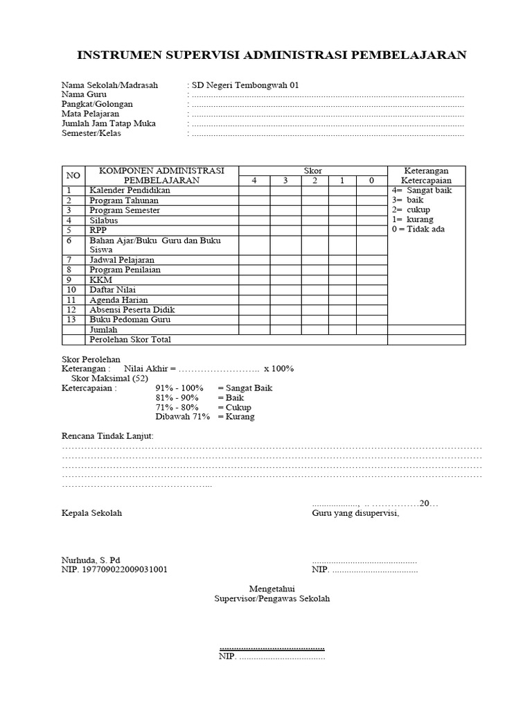 Instrumen Supervisi Administrasi Pembelajaran - SDN Tembongwah 01 | PDF | Karier & Perkembangan