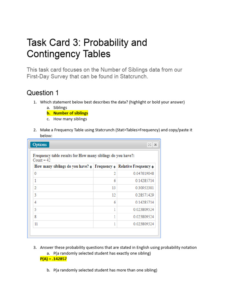 Task Card 3 - Probability and Contingency Tables | PDF | Mathematics