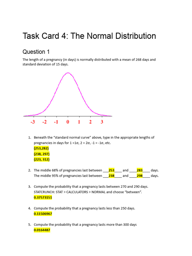 Task Card 4 - The Normal Distribution | PDF | Normal Distribution ...