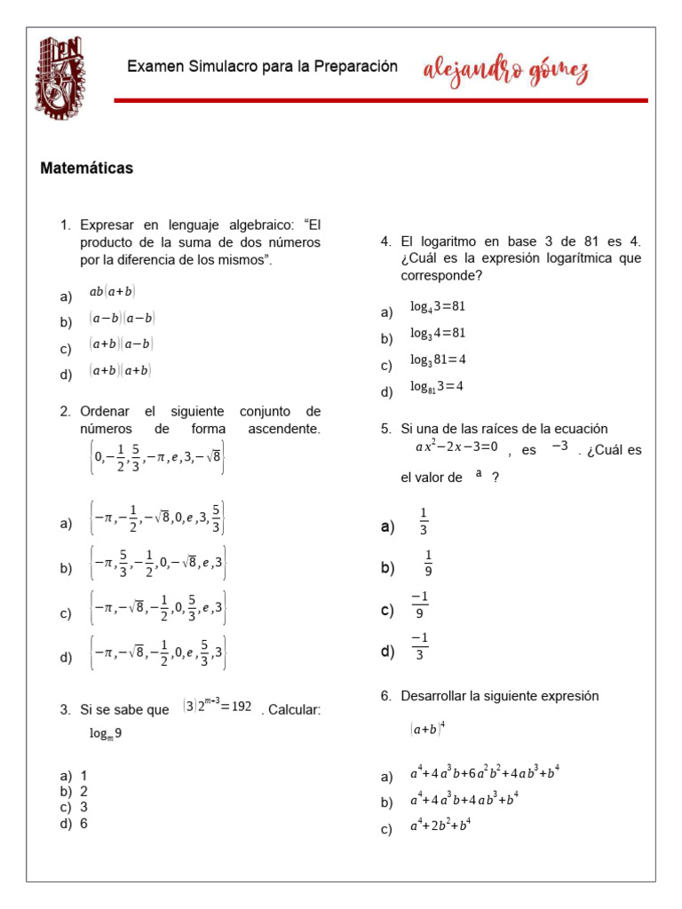 EXAMEN SIMULACIÃ N MATEMÃ TICAS IPN - Compressed | PDF | Pi | Matemática Elemental