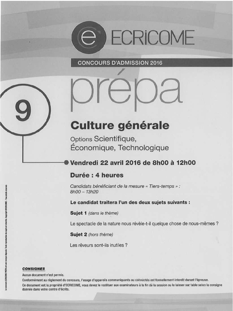 Sujet Culture Generale Prépa 2016 1 | PDF
