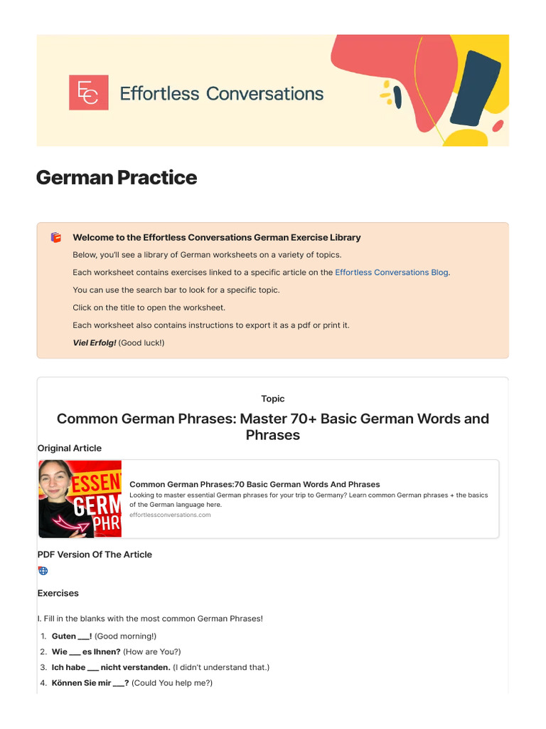 Essential German Phrases Workbook | PDF