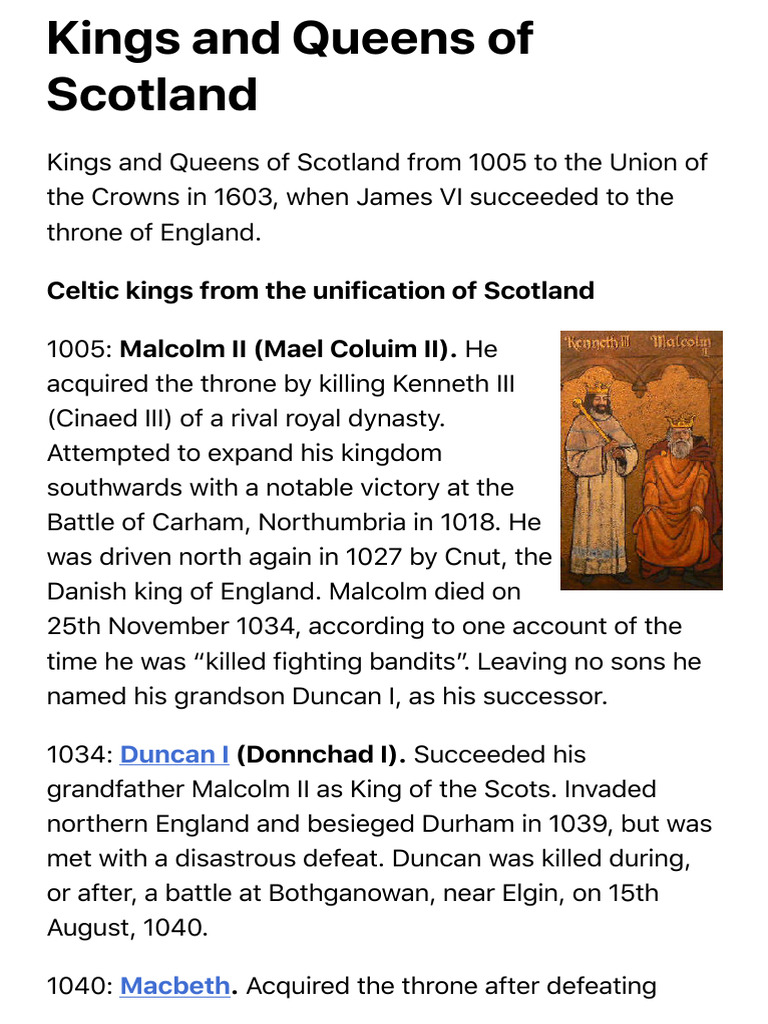 Kings and Queens of Scotland - Historic UK | PDF | Mary, Queen Of Scots ...