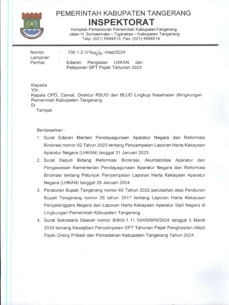 Surat Edaran Pengisian LHKAN Dan Pelaporan SPT Tahun 2023 | PDF