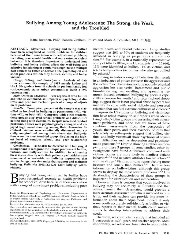 Bullying Among Young Adolescen | PDF