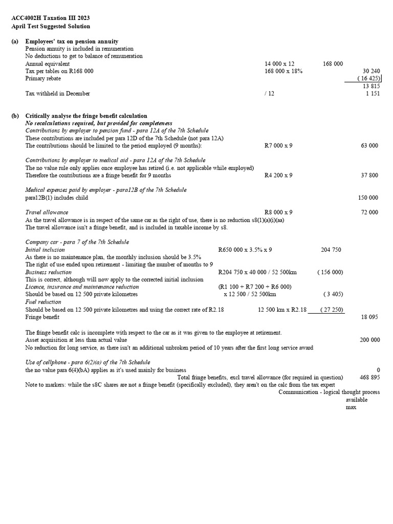 Taxation III 2023 April Test Solutions | PDF | Employee Benefits | Taxes