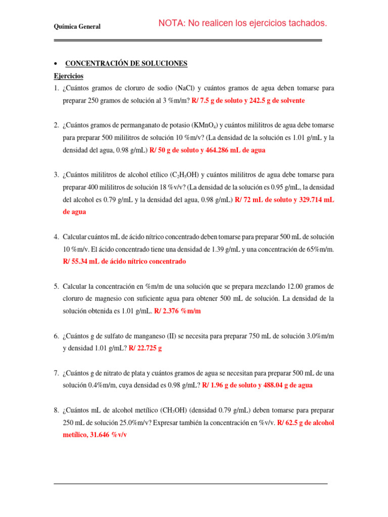 Guía de Ejercicios - Concentración de Soluciones | PDF | Concentración | Cromo