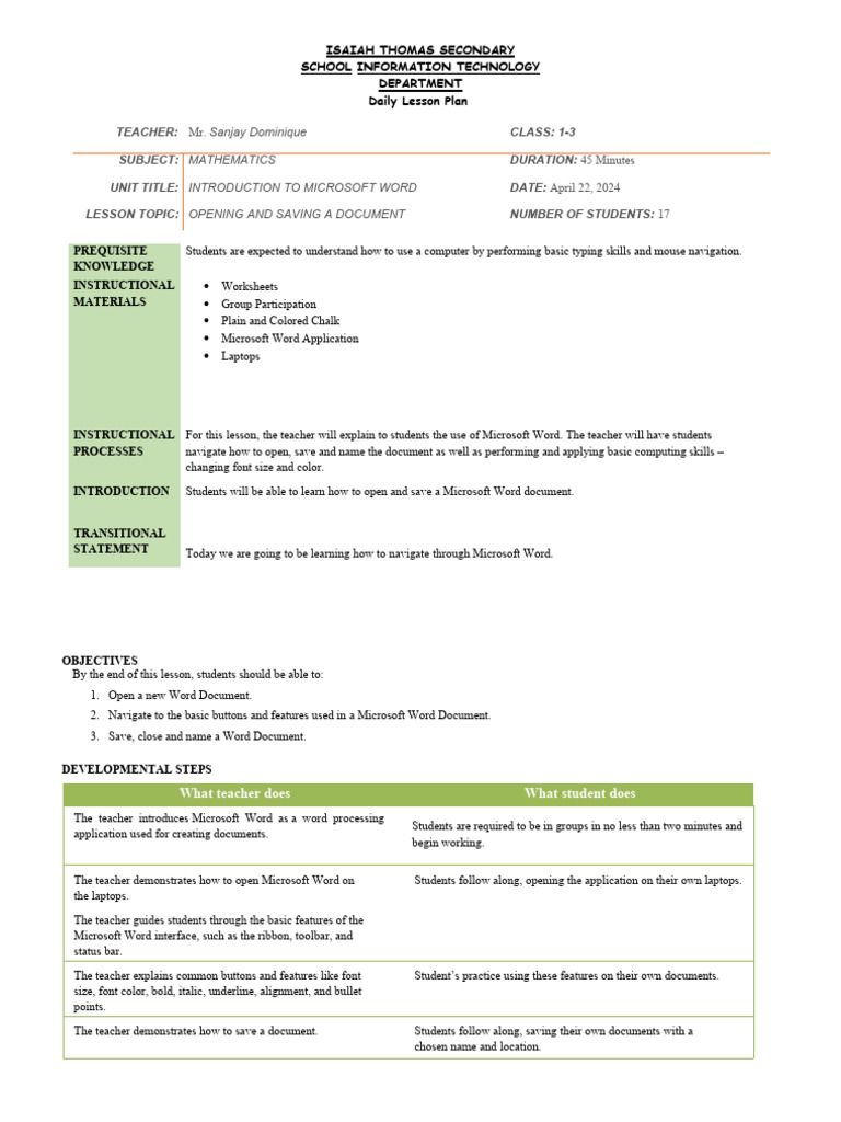 Lesson Plan - ICT - Form One 22.04.2024 | PDF | Microsoft Word | Teachers
