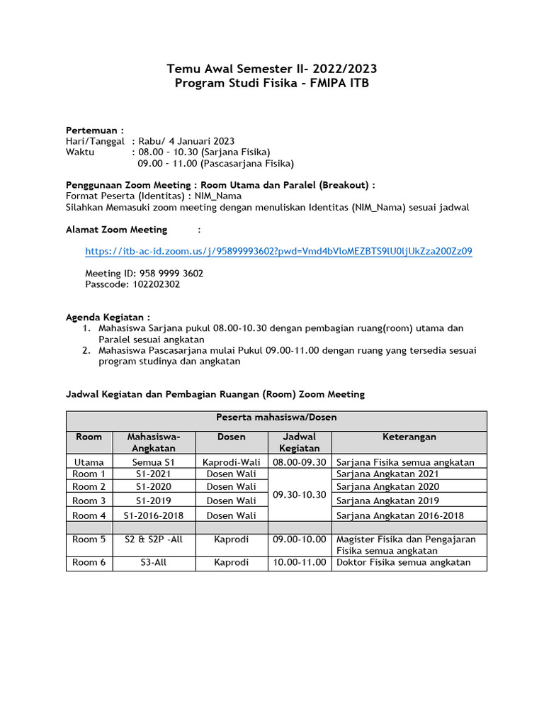 Temu Awal Semester Program Studi Fisika Sem II TA 2022 2023 Mahasiswa | PDF | Sains & Matematika