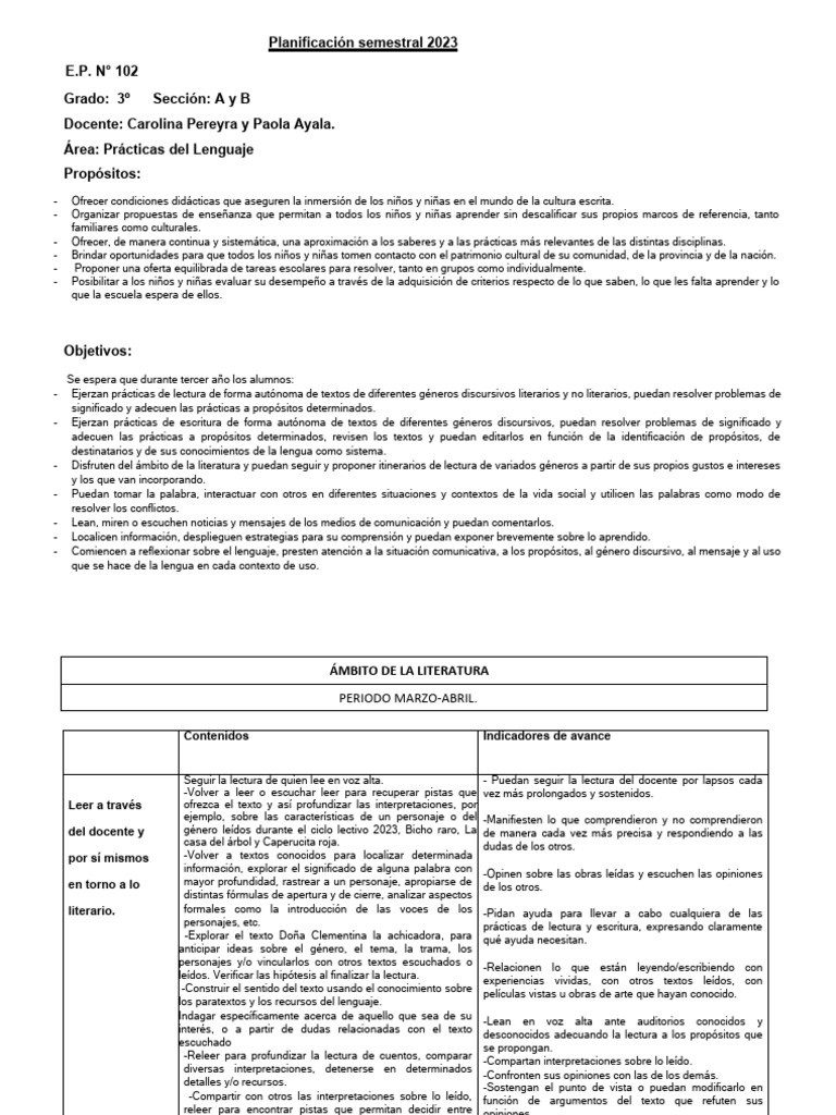 Planificación Lenguaje 3º Grado 2023 | PDF | Sistema circulatorio ...