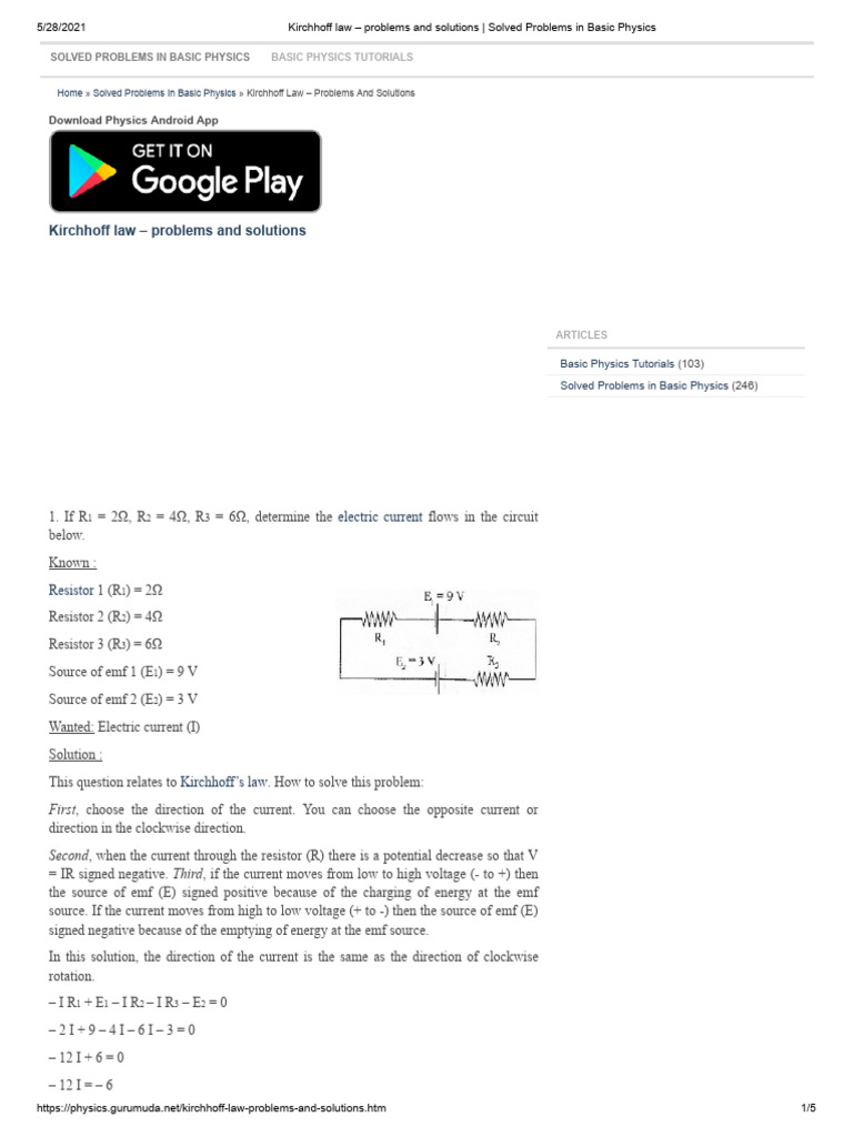 Kirchhoff Law - Problems and Solutions - Solved Problems in Basic Physics | PDF | Electric ...