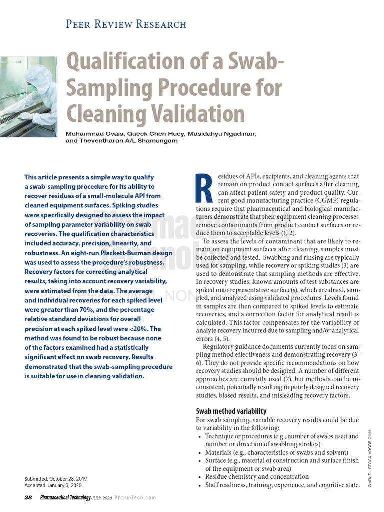 Cleaning Validation: Swab Sampling | PDF | Experiment | Sampling (Statistics)