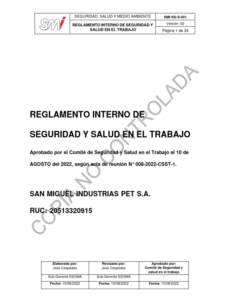 SMI-SS-S-001 Reglamento Interno de Seguridad y Salud en El Trabajo ...