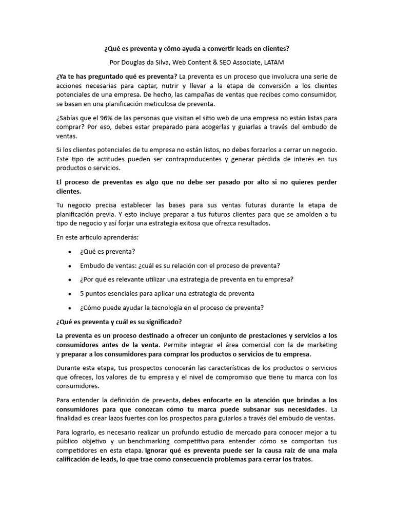 Qué Es Preventa y Cómo Ayuda A Convertir Leads en Clientes | PDF ...