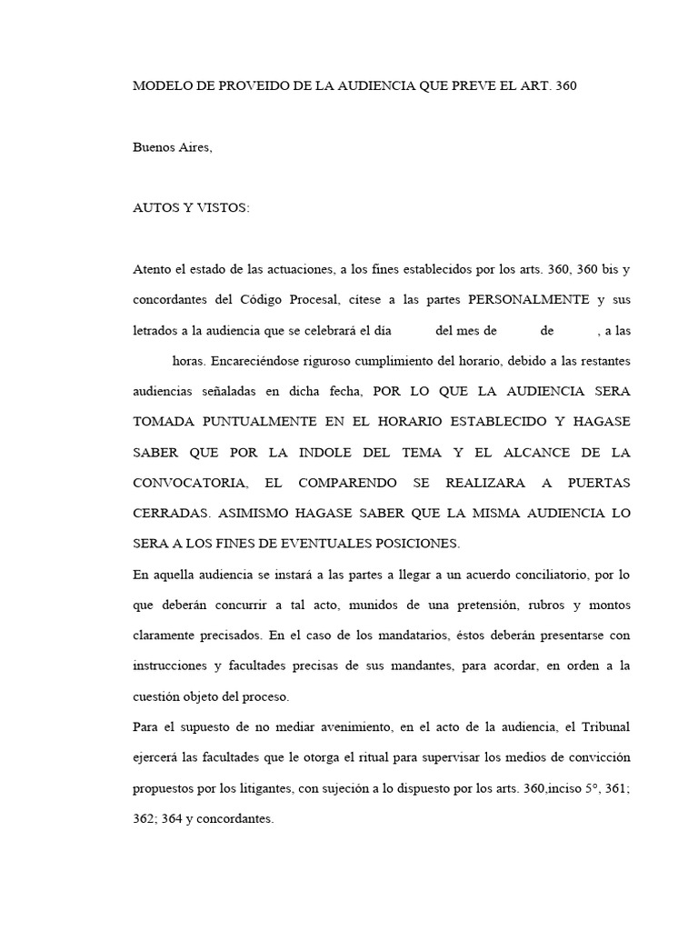 Modelo. Modelo de Proveido de La Audiencia Que Preve El Art. 360 | Descargar gratis PDF ...