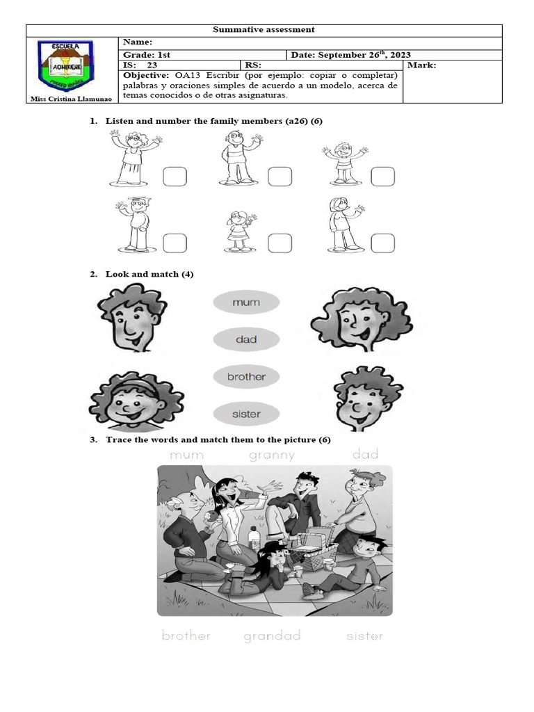 1° Summative Assessment - My Family - 26.9.23 | PDF