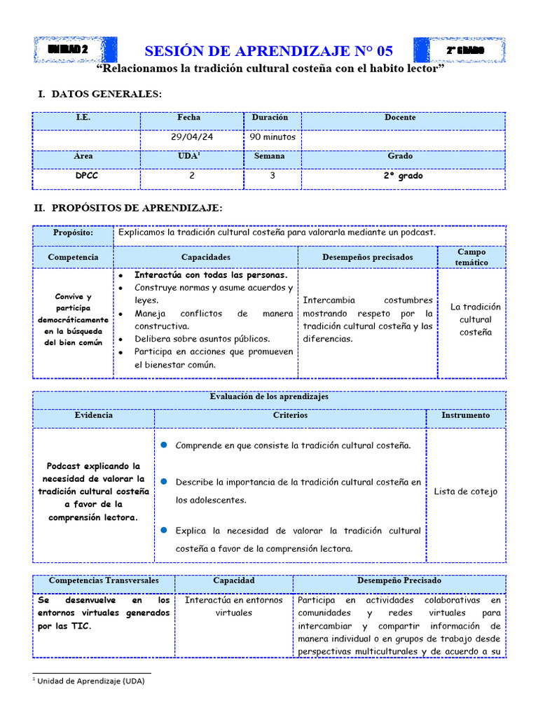 SESIÓN 5 - RELACIONAMOS LA TRADICIÓN CULTURAL COSTEÑA CON EL HABITO LECTOR - DPCC 2DO (1) | PDF ...